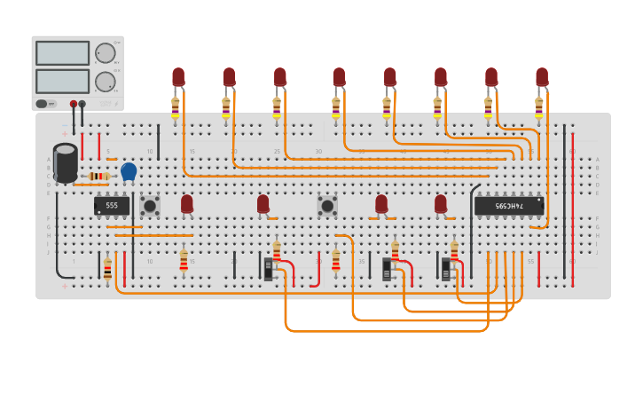 Circuit design Shift Register with 555 Pulse Input - Tinkercad