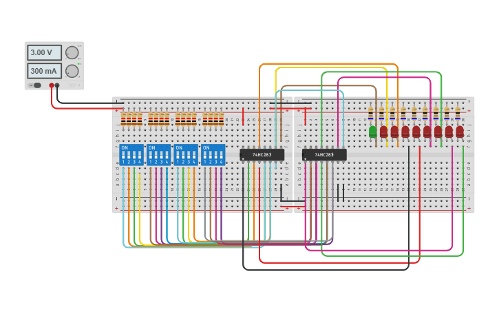 Circuit design Sumador de 2 numeros de 8 bits - Tinkercad