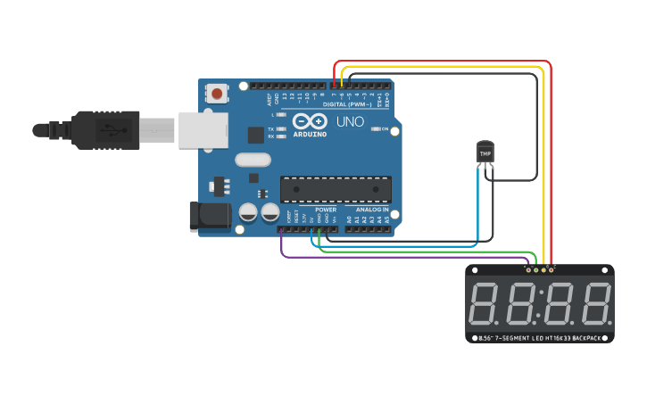 Circuit design TM1637 + DHT11 - Tinkercad