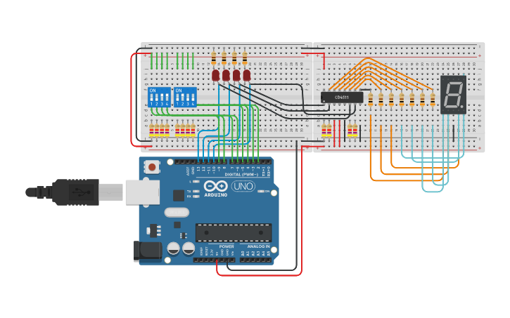 Circuit design Sumador Paralelo - 4 bits a Display de 7 Segmentos | Tinkercad