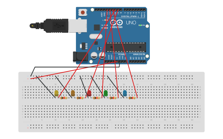 Circuit design Prende_5_led | Tinkercad