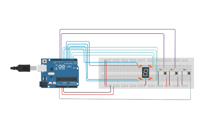 Circuit design CircuitoN°2 Display 7S_3Pulsadores | Tinkercad