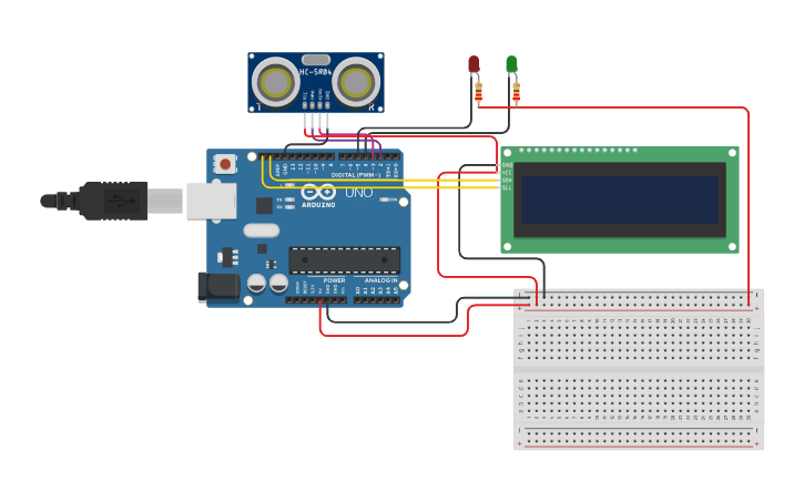 Circuit design ULTRASONIK DAN LCD WITH IC2 - Tinkercad