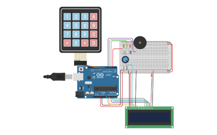 Circuit design Keypad + LCD (sin I2C) - Tinkercad