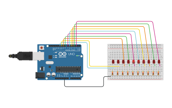 Circuit design 7. Knight Rider LED circuit (By using 10 LED). | Tinkercad