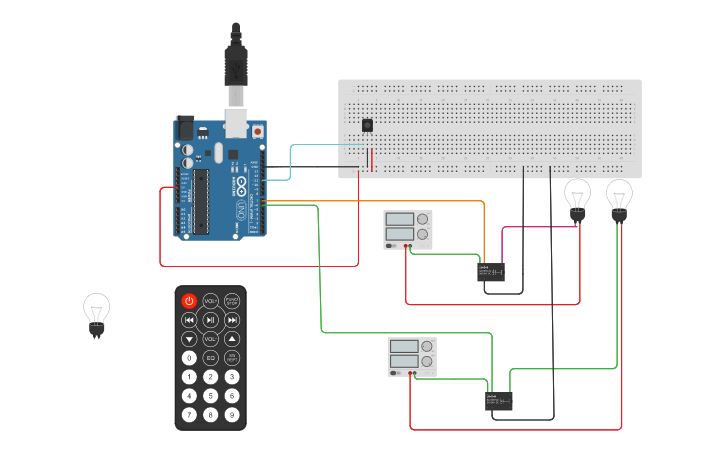 Circuit design rele IR 2 lamparas | Tinkercad