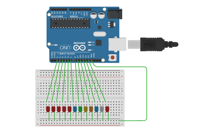 Circuit design LED chaser - Tinkercad