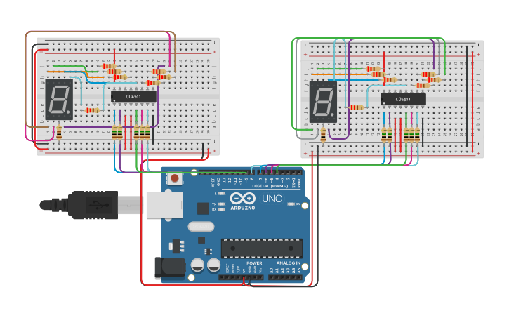 Circuit design 7 Segmentos doble CD4511 | Tinkercad