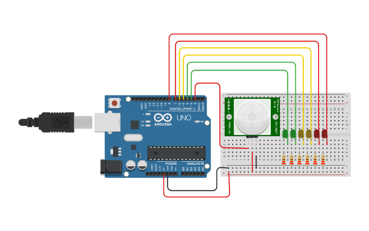 Circuit design Detectar presencia para encender luces - Tinkercad