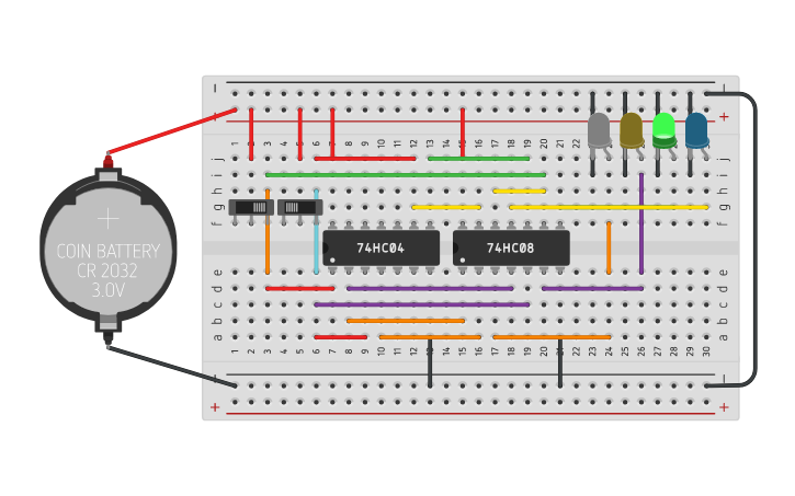 Circuit design 2 to 4 Line Decoder IC7404/IC7408 - Tinkercad