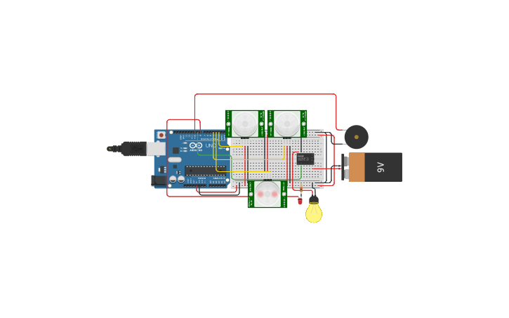 Circuit design Praktikum 7 - Bagian 4 (3 PIR Sensor: LED, Light Bulb ...