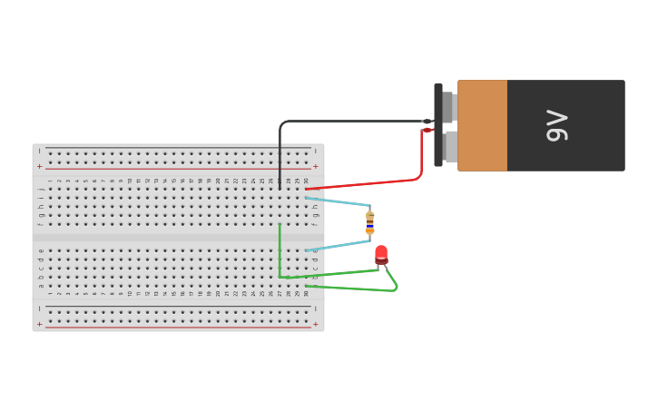Circuit design 4.Bateria com LED na protoboard | Tinkercad