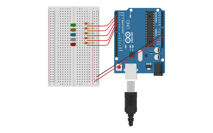 Circuit design 5 LED Array - Tinkercad