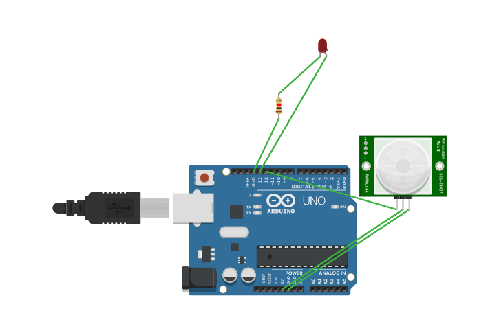 Circuit design PIR Motion Sensor with LED | Tinkercad