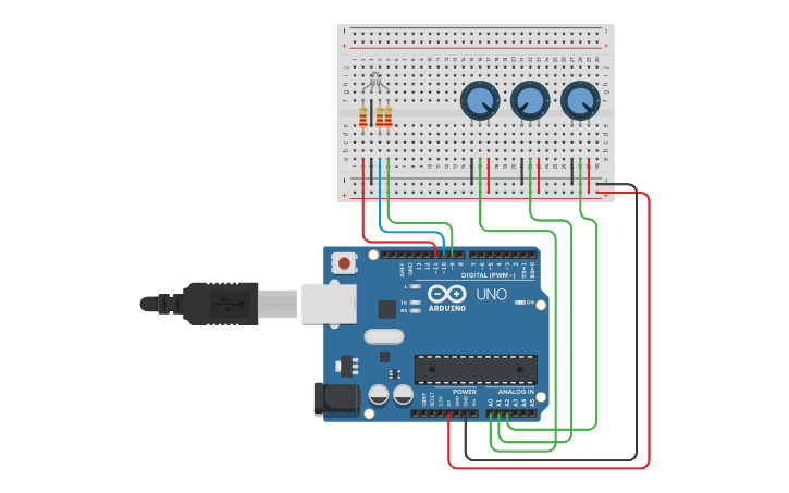 Circuit design Prática 3- Led RGB (map) | Tinkercad