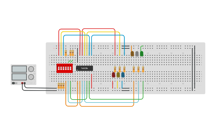 Circuit design NOT GATE SETUP (74LS04 IC) - Tinkercad