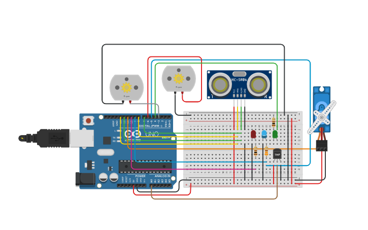 Circuit design SENSOR ULTRASÓNICO (HC-SR04) CON SERVOMOTOR , "ZUMBADOR" Y 2 LEDS. SENSOR DE ...
