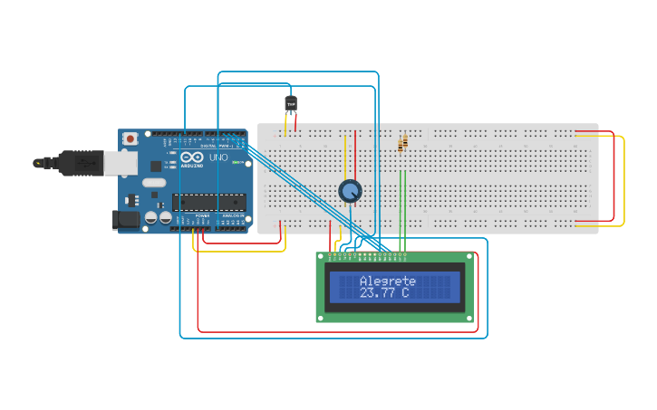 Circuit design Display LCD com sensor de temperatura - Tinkercad