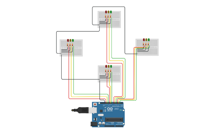 Circuit design 4 junctions traffic light - Tinkercad
