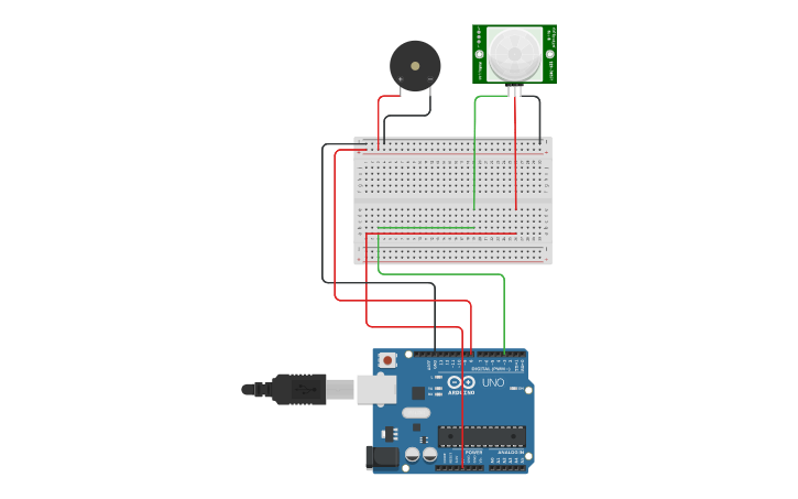 Circuit design Motion sensor alarm | Tinkercad