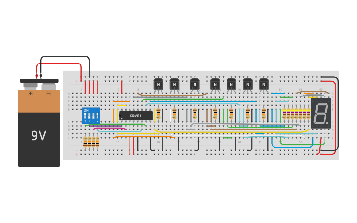 Circuit design Display 7 segments 4011 - Tinkercad