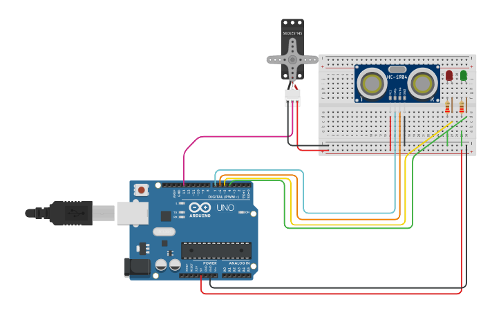 Circuit design LAB N°3: PROGRAMANDO SENSOR ULTRASONICO, SERVOMOTOR Y DOS LEDS - Tinkercad