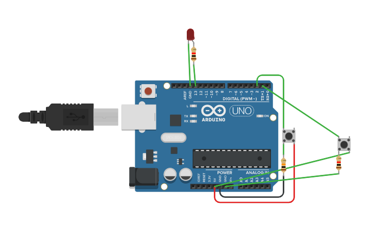 Circuit design Controlling LED with to buttons | Tinkercad