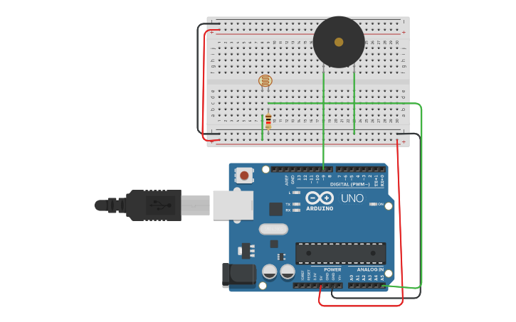 Circuit design Piezo with photoresistor - Tinkercad