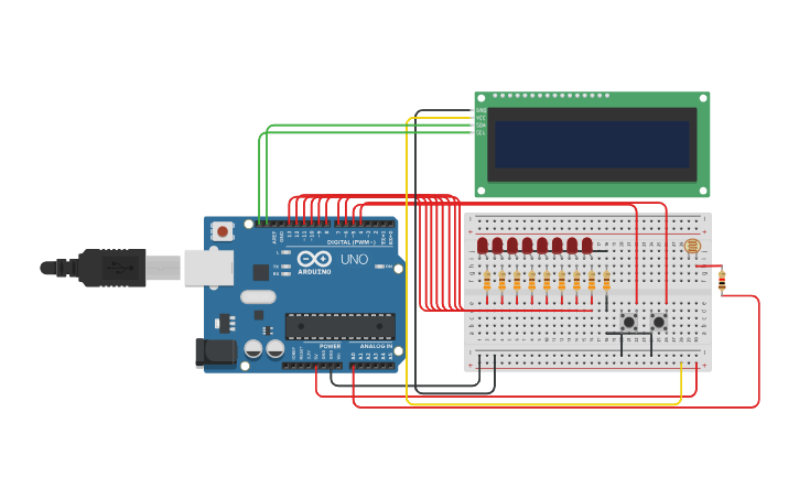 Circuit design running led with pb and lcd - Tinkercad