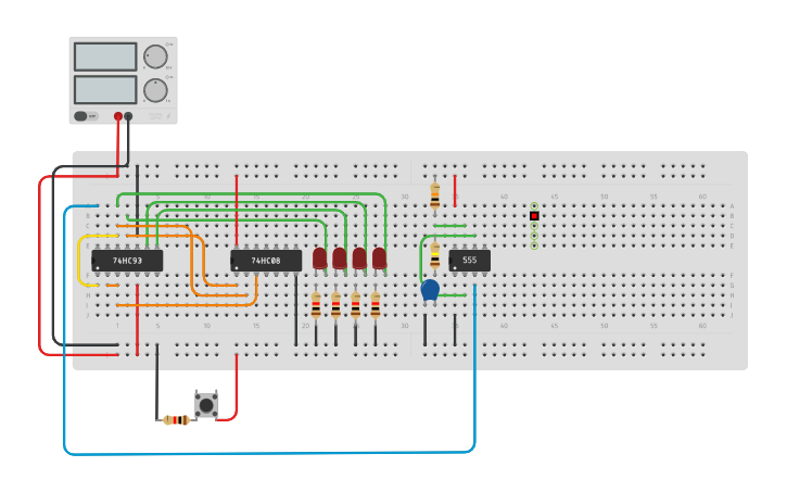 Circuit design 4BIT BINARY COUNTER: 0,1,2,3,4,5,6,7,8 - Tinkercad