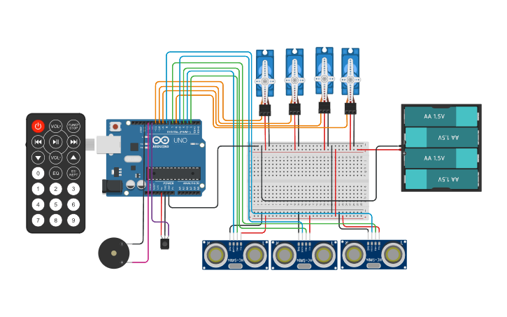 Circuit design irremote_echo_servo_alarm - Tinkercad