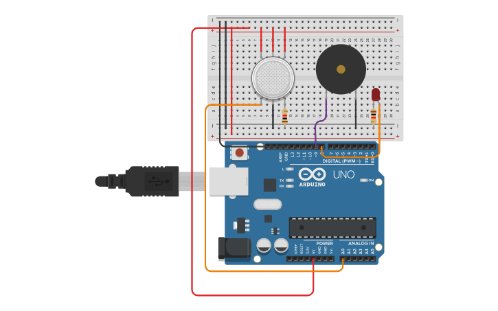 Circuit design GAS SENSOR AND BUZZER - Tinkercad