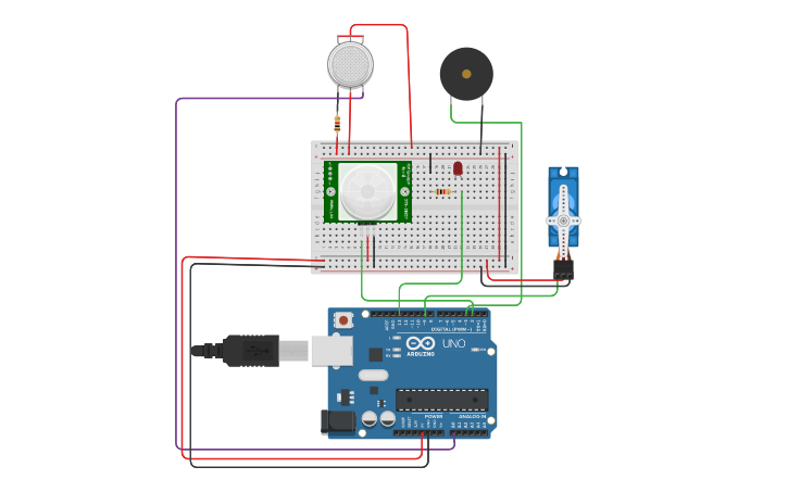 Circuit design Use Gas sensor, Buzzer, LED, PIR sensor | Tinkercad