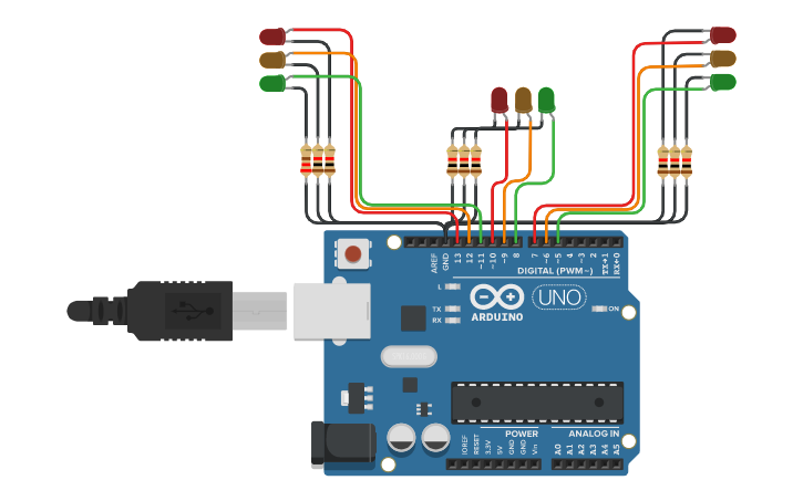 Circuit design 3-Way Traffic Lights - Tinkercad