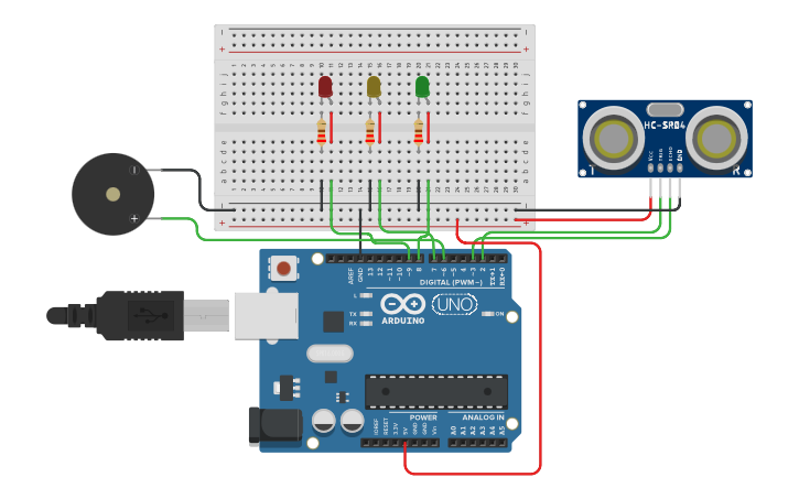 Circuit design Smart Parking Assistant with LED Indicators - Tinkercad