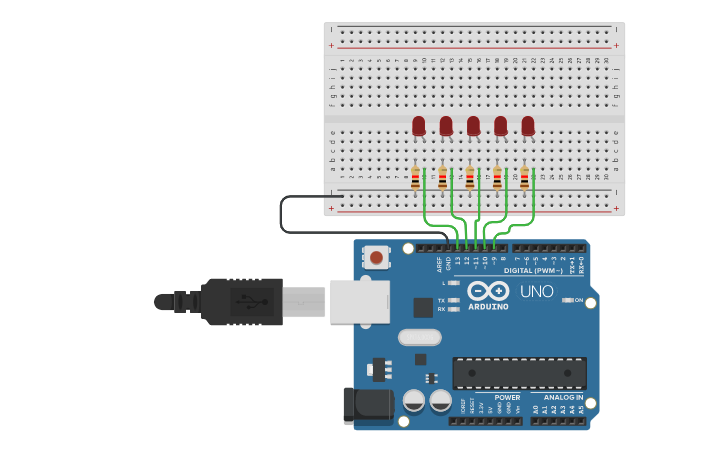 Circuit design 5 LEDS | Tinkercad