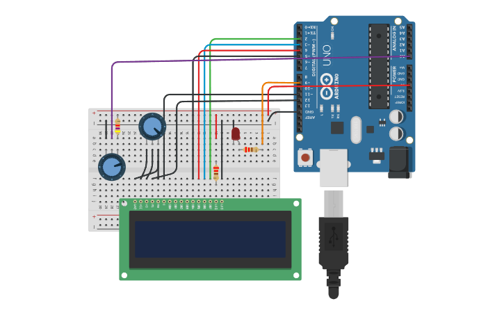 Circuit design led con display lcd A - Tinkercad