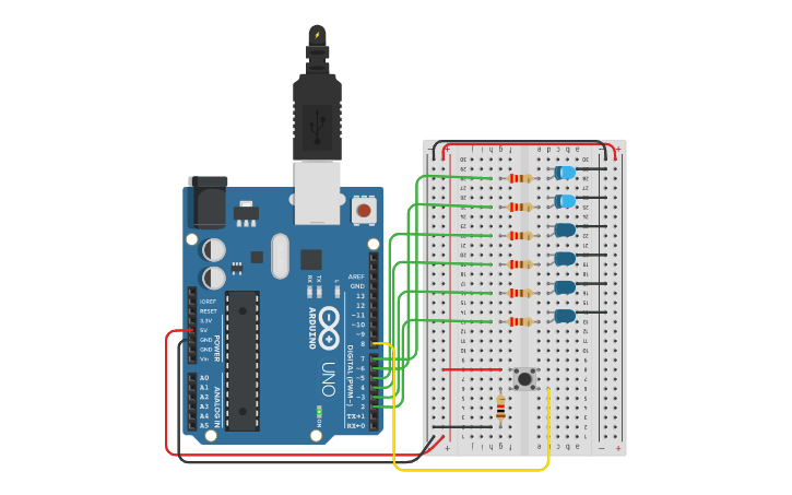 Circuit design SECUENCIA DE LEDS 2 EN 2 CON PULSADOR ON OF - Tinkercad
