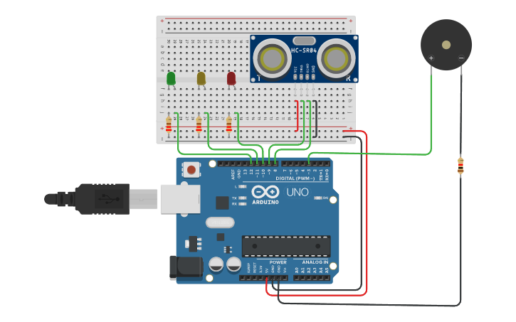 Circuit design DIP- ULTRASONIC SENSOR WITH 3 LED and buzzer - Tinkercad