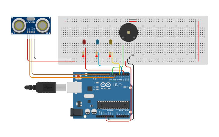 Circuit design S. ultrasónico con 3 LEDs y buzzer - Tinkercad
