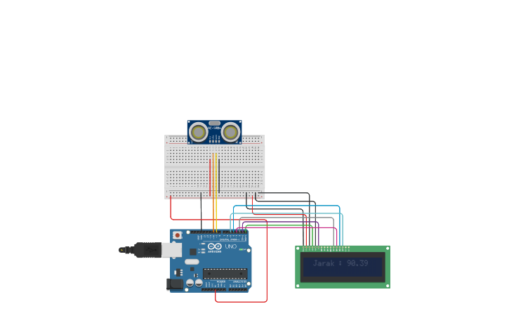 Circuit design Sensor HC-SR04 dengan LCD - Tinkercad