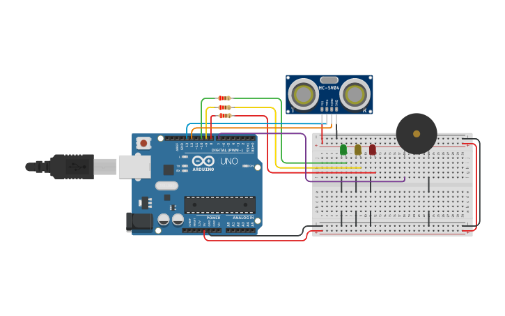 Circuit design Ultrasonic sensor object detector - Tinkercad