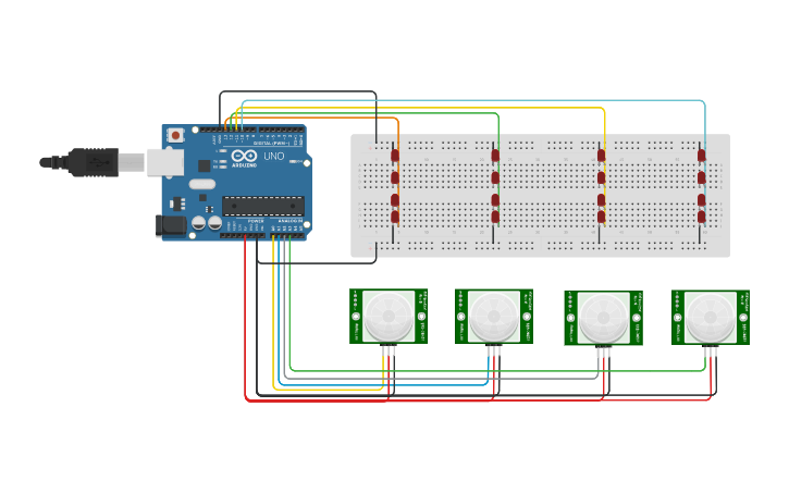 Circuit design Sensor PIR - leds - Tinkercad