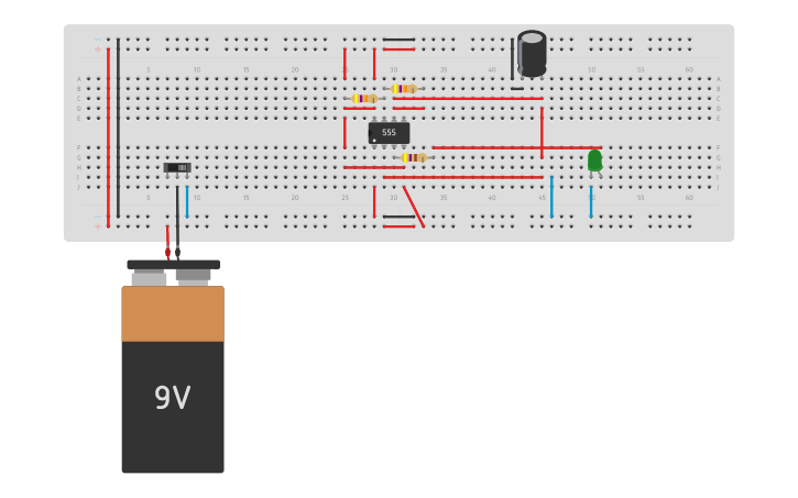 Circuit design Blinking LED with 555 Timer by using switch | Tinkercad