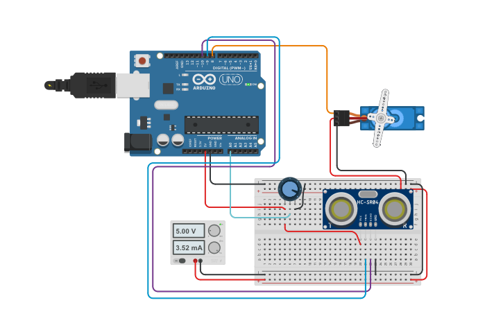 Circuit design Servo + ultrasonic - Tinkercad