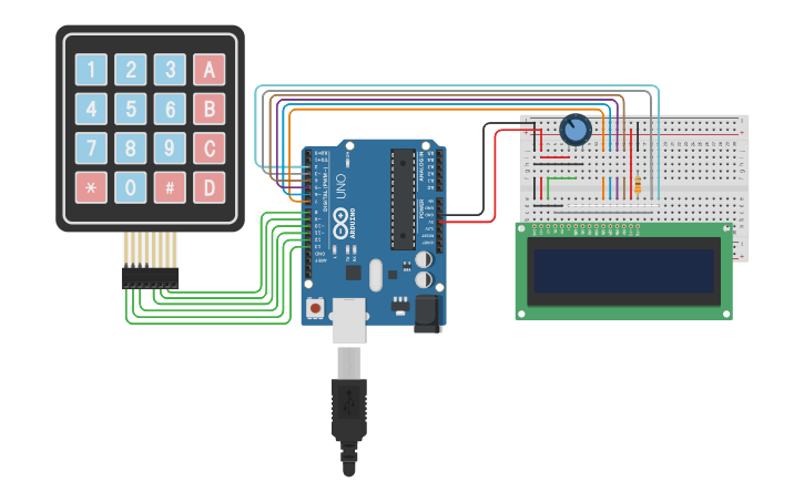 Circuit design Escritura LCD con Teclado + LEDs | Tinkercad