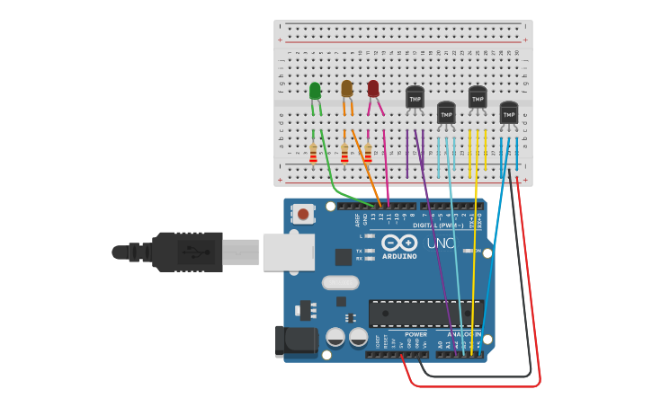 Circuit design Temperature sensors - LEDs - Tinkercad