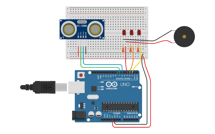 Circuit design Ultrasonic Distance LED Sensor and Buzzer in Arduino ...