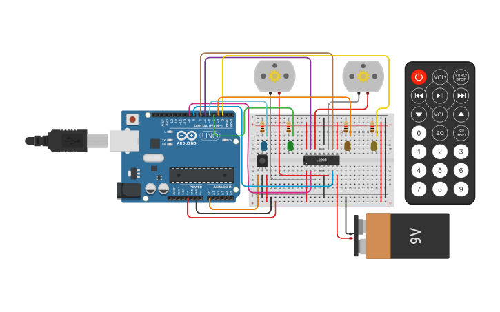 Circuit design CONTROL INFRARROJO DE MOTORES | Tinkercad Circuit design CONTROL INFRARROJO DE MOTORES | Tinkercad