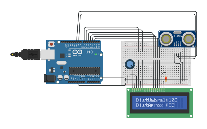 Circuit design LCD + Ultrasonic sensor - Tinkercad